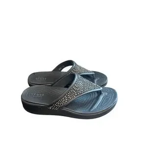 CROCS | Shoes | Crocs Sanrah Embellished Wedge Flip Flops Black Studded ...